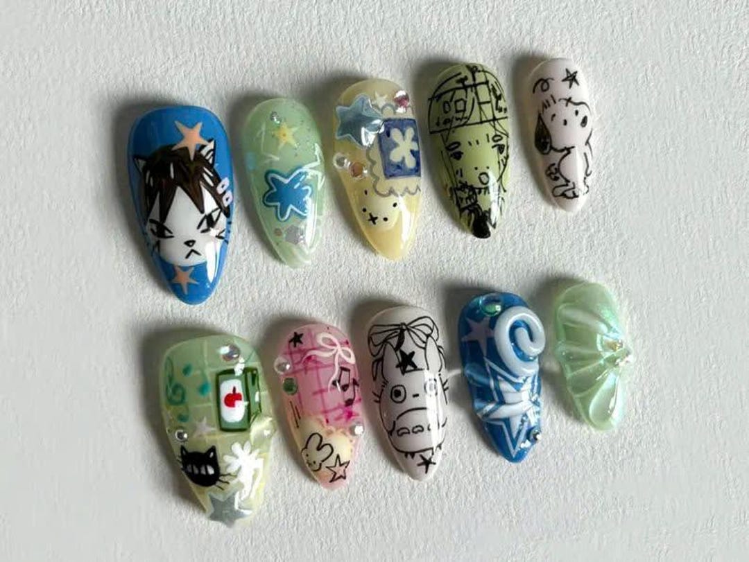 Whimsical Cartoon Press on Nails | Unique Cartoon Nail Art | Hand ...