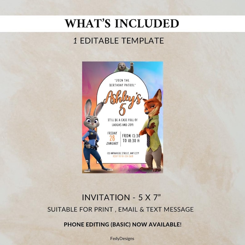 Zootopia Birthday Invitation ,editable Template, Kids Party, Instant ...