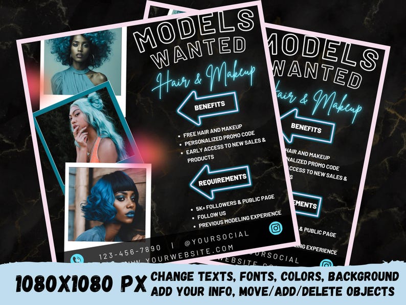Editable Models Wanted Flyer Template: Hair, Lashes, Makeup (DIY Canva ...