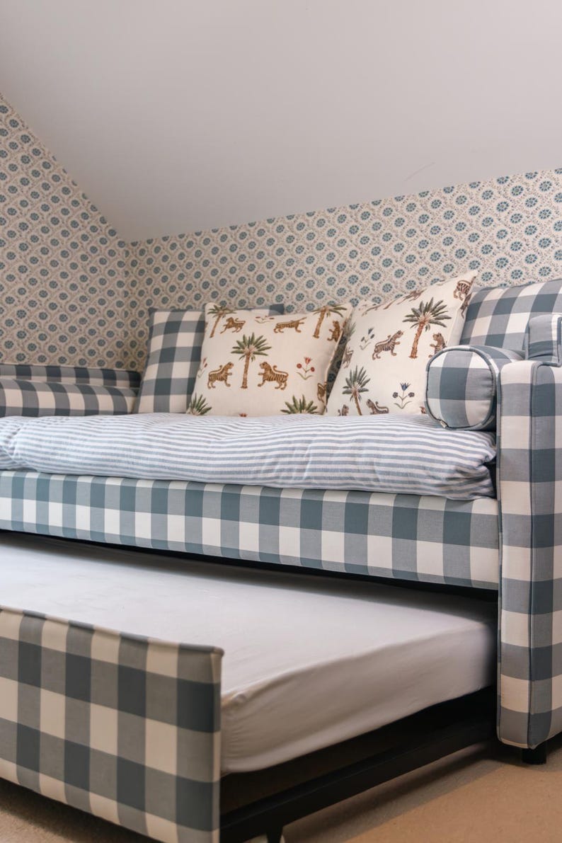 Blue Gingham Upholstered Single Bed With Pull-out Trundle - Etsy