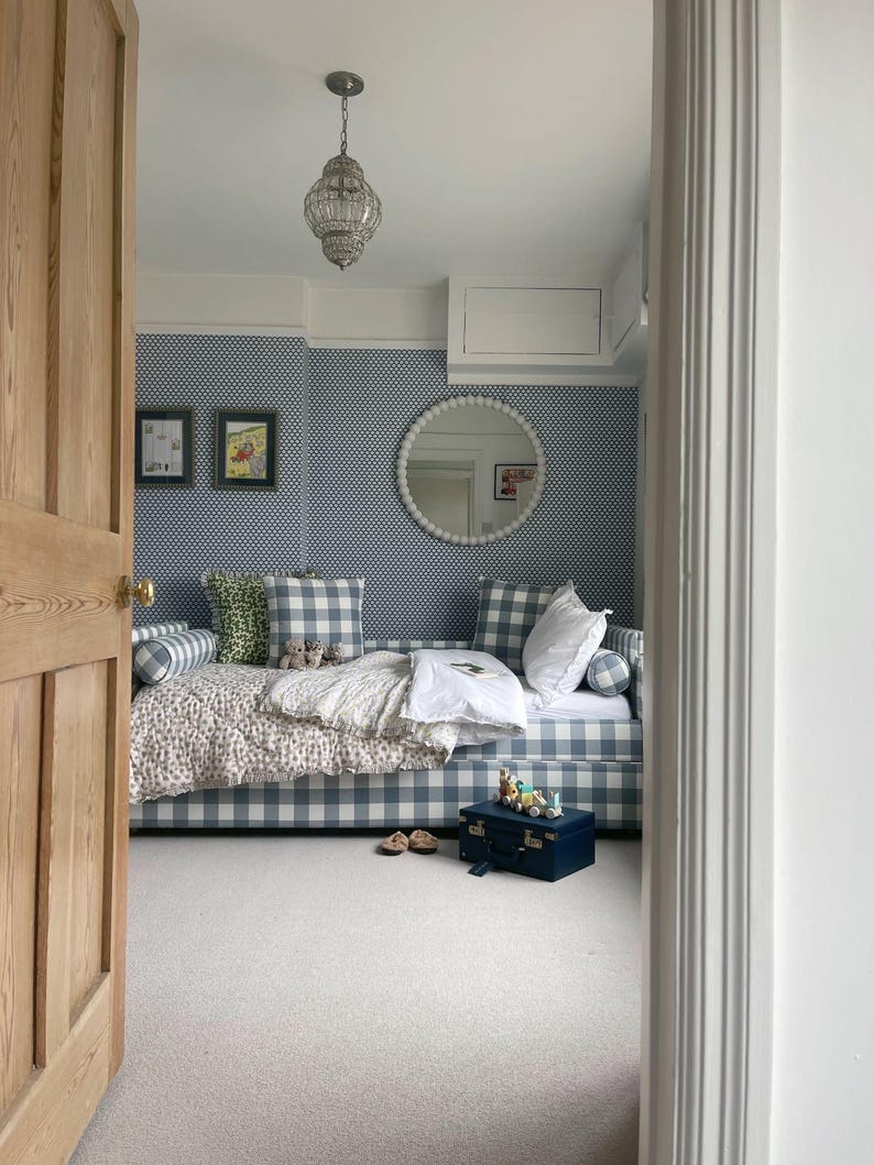 Blue Gingham Upholstered Single Bed With Pull-out Trundle - Etsy