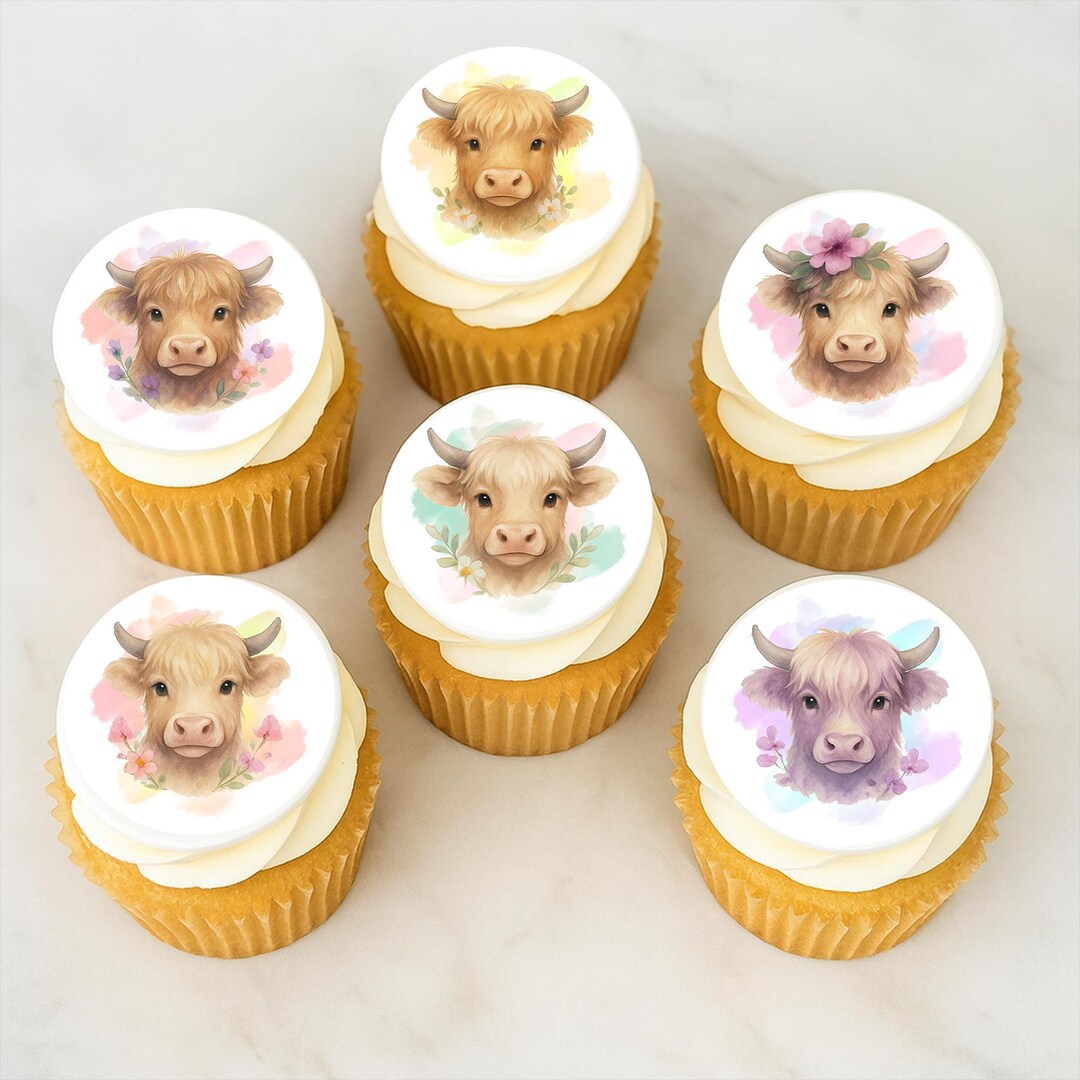 Cute Highland Cows Edible Treat Toppers | Precut Pastel Floral Cow for ...