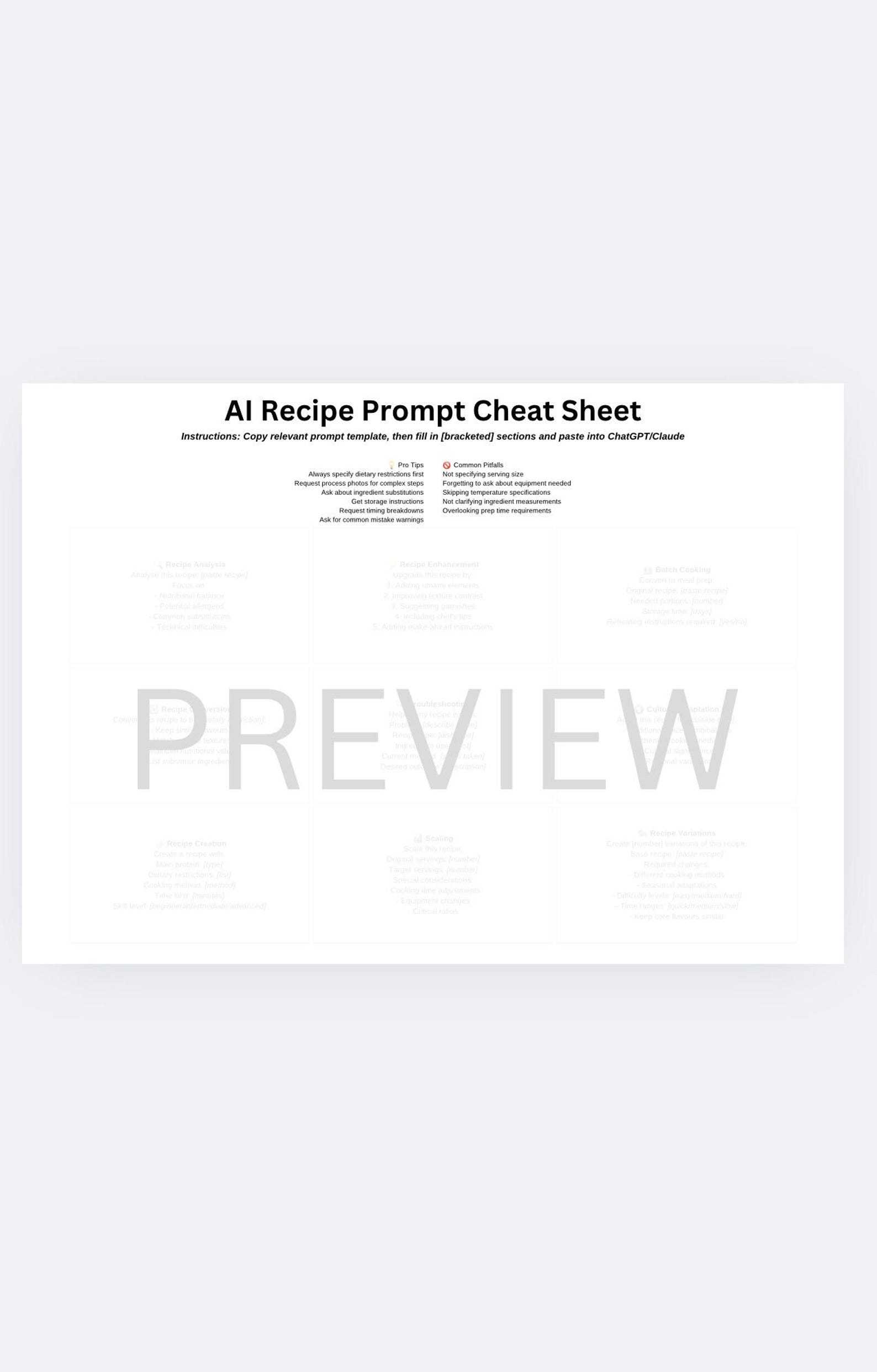 AI Recipe Prompts Sheet for Chatgpt & Claude | Recipe Development ...