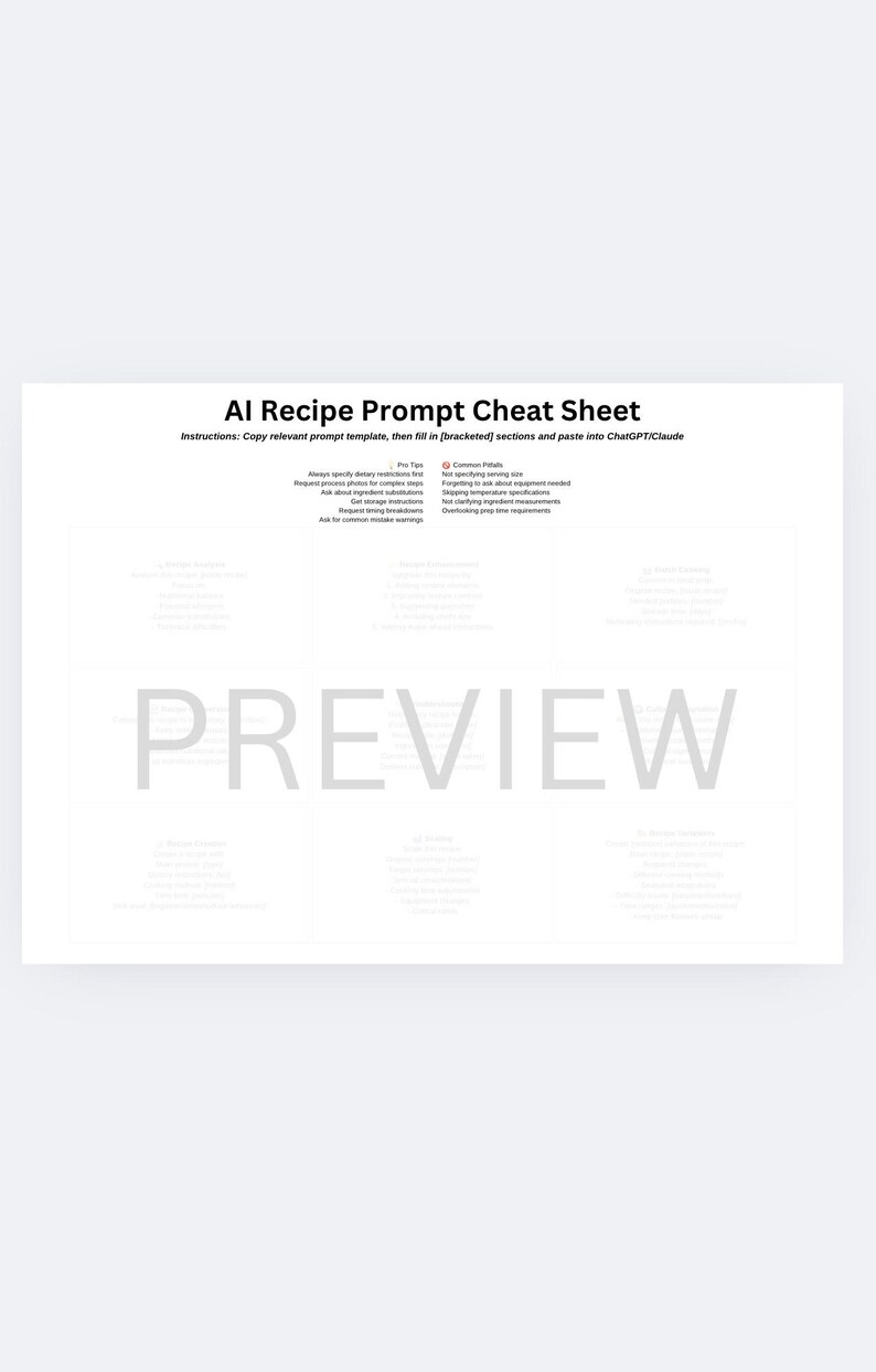 AI Recipe Prompts Sheet for Chatgpt & Claude Recipe Development ...