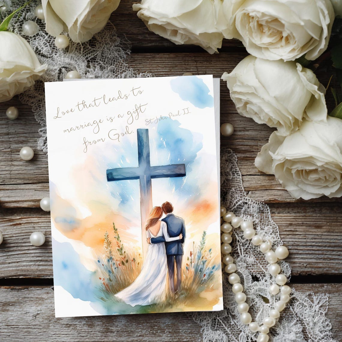 Catholic Wedding Card | Bride & Groom Scandi Watercolor | Saint John ...