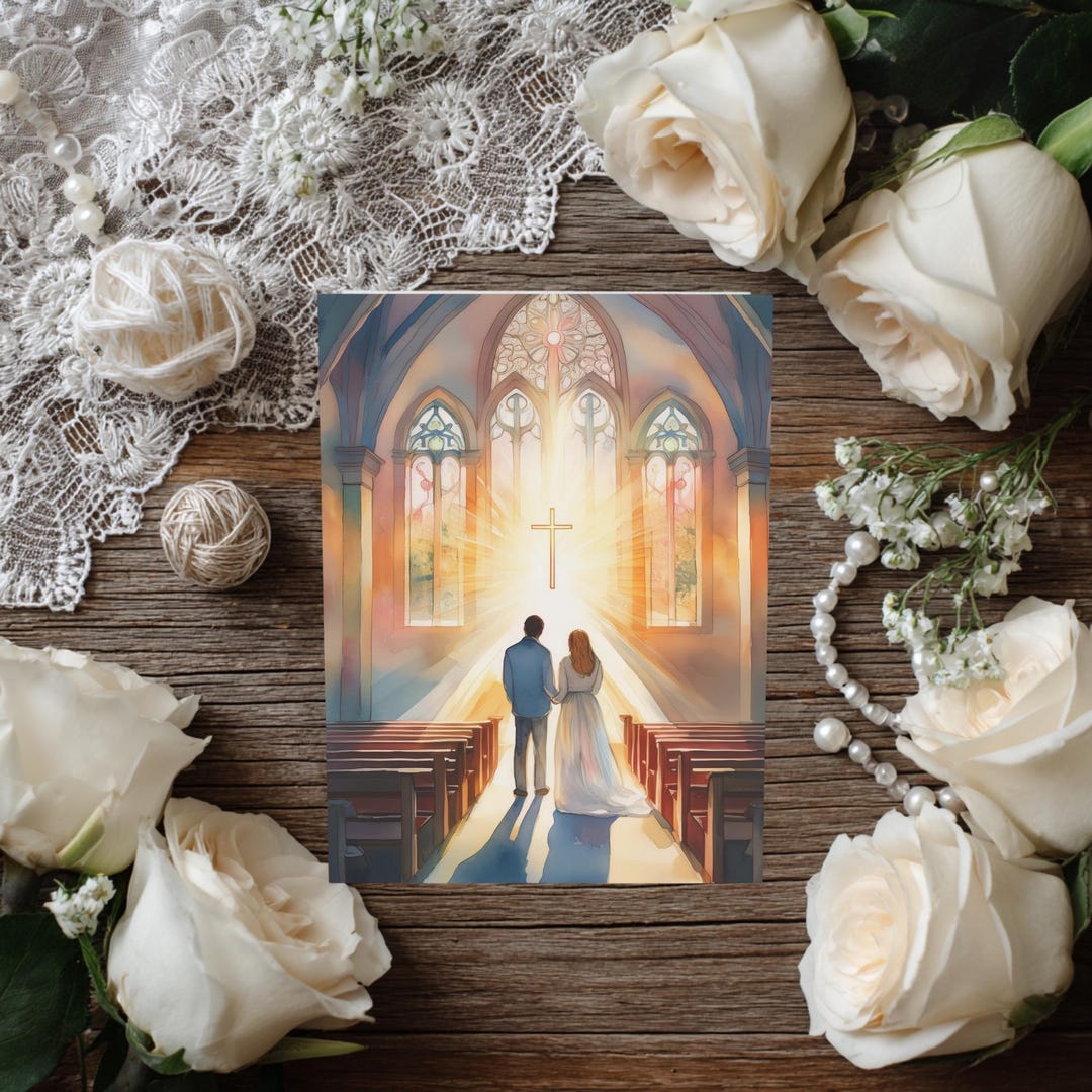 Catholic Wedding Card | Bride & Groom in Church | Scandi Watercolor ...