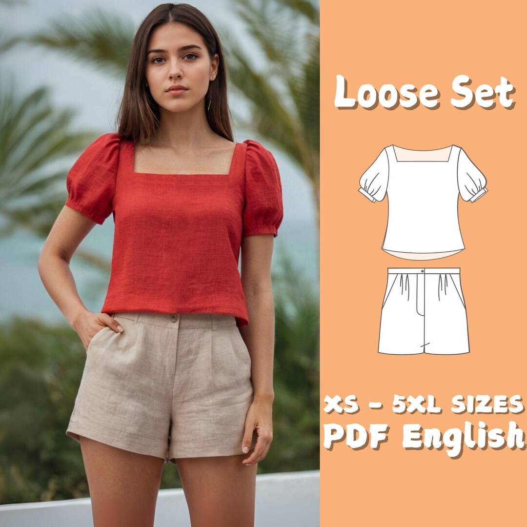 Linen Set Sewing Pattern: Square Neck Top & Shorts (PDF Pattern ...