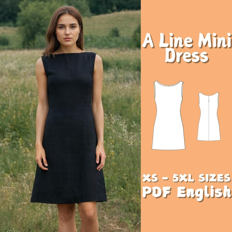 A-line Mini Dress Sewing Pattern: Boat Neck Sleeveless Design (PDF ...