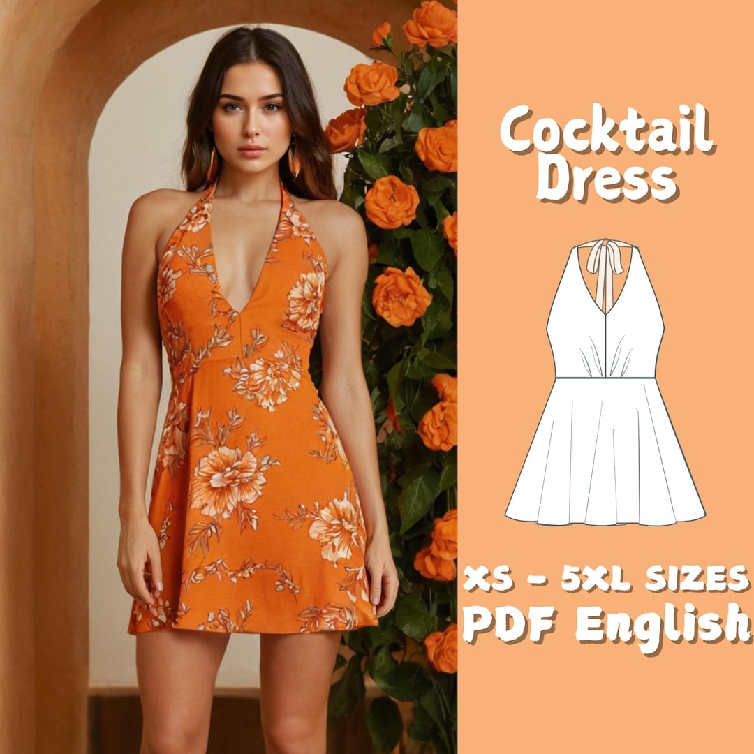 Halter Neck Summer Dress Sewing Pattern: Open Back, Back Tie (PDF ...