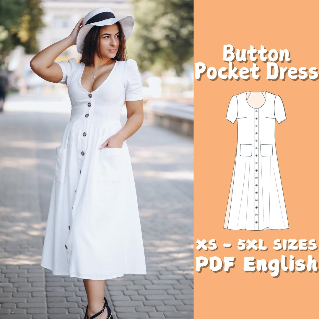 Button Down Dress Sewing Pattern Women Pockets Midi Dress Pattern Puff ...