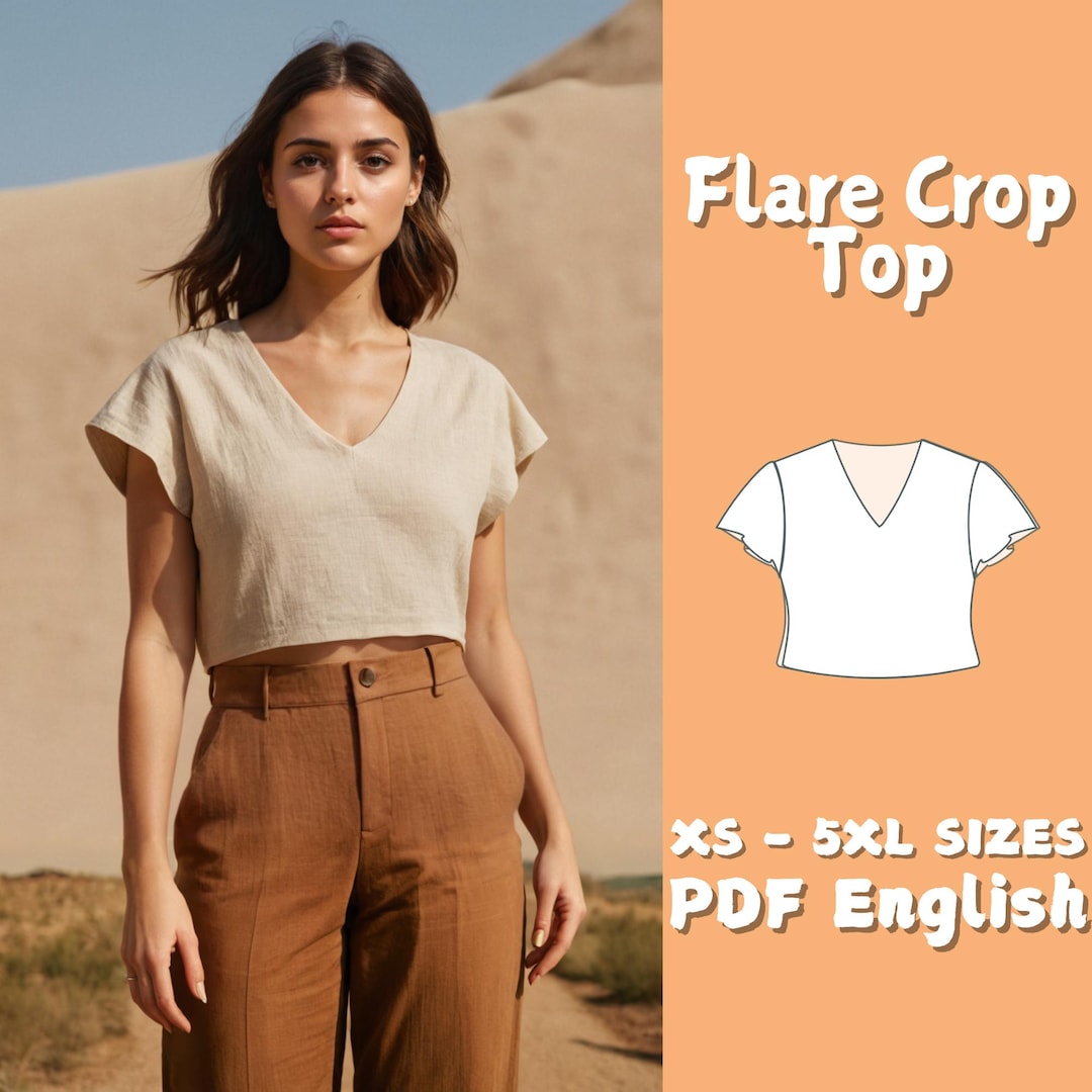 V Neck Crop Top Sewing Pattern Loose Shirt Pattern | Easy Ruffle Sleeve ...