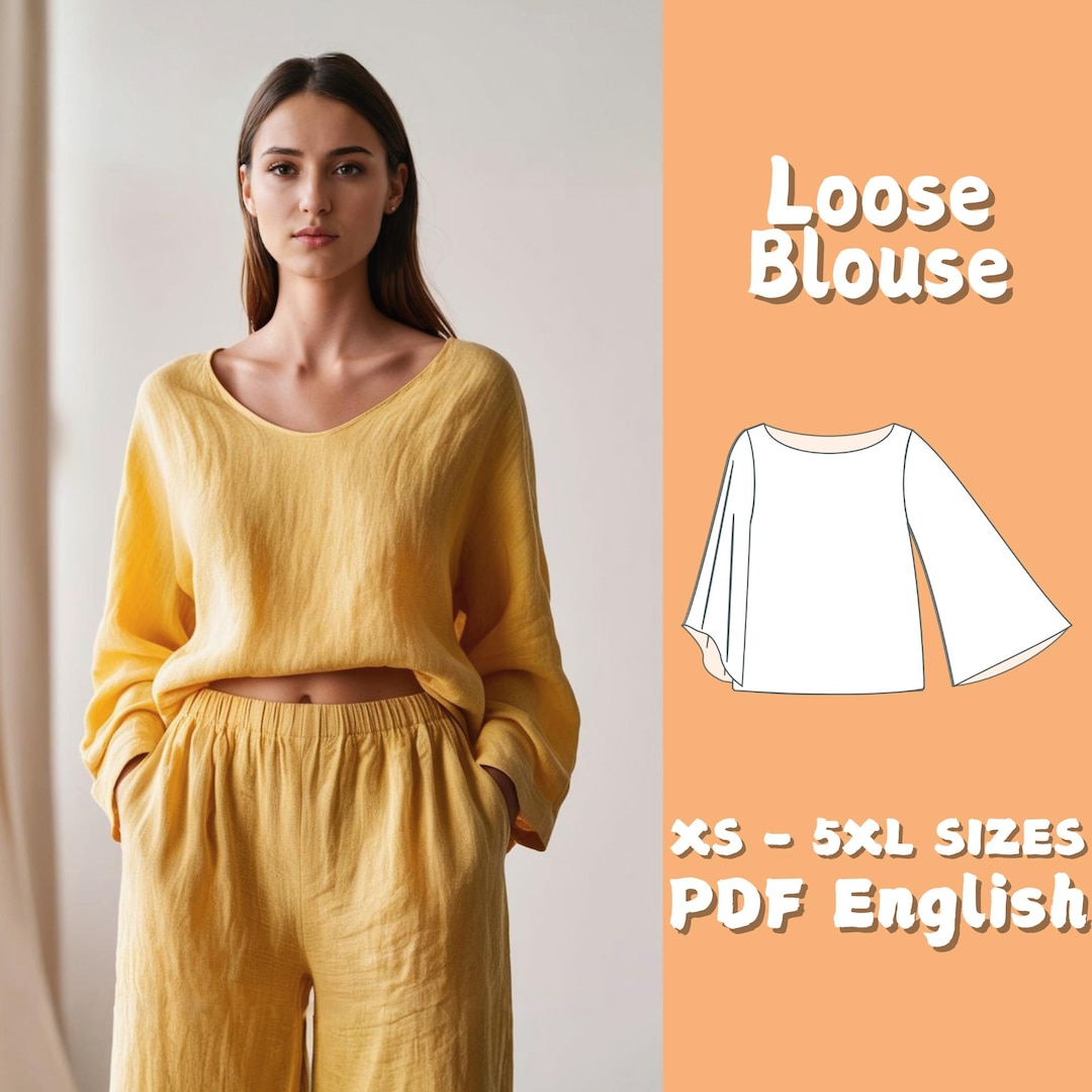 Linen Blouse Sewing Pattern: Boat Neck Tank Top, Flare Sleeve (PDF ...