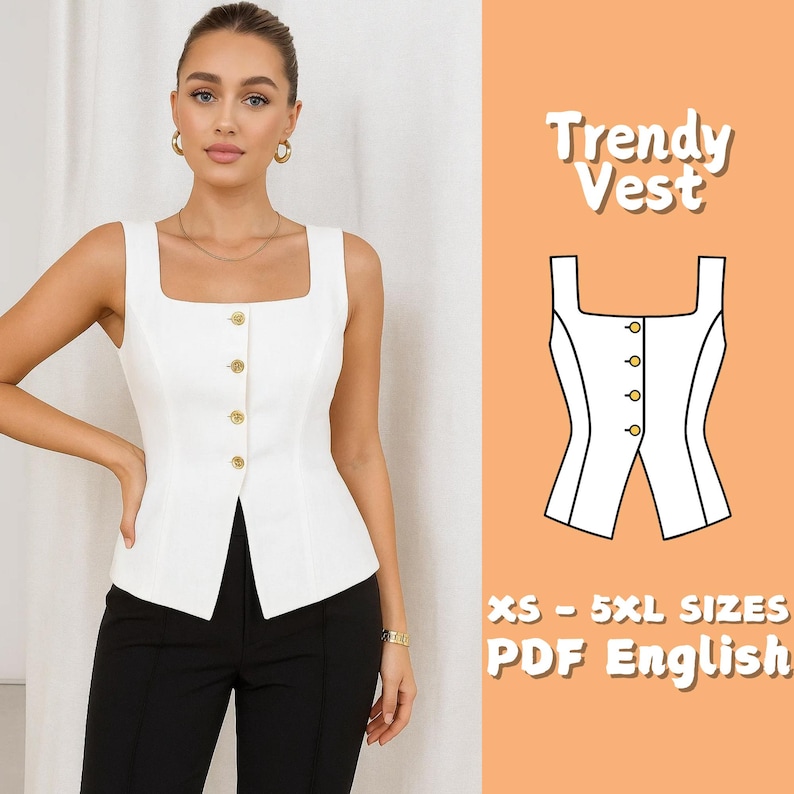 Women's Vest Sewing Pattern: Trendy Open-front Waistcoat (PDF Pattern ...