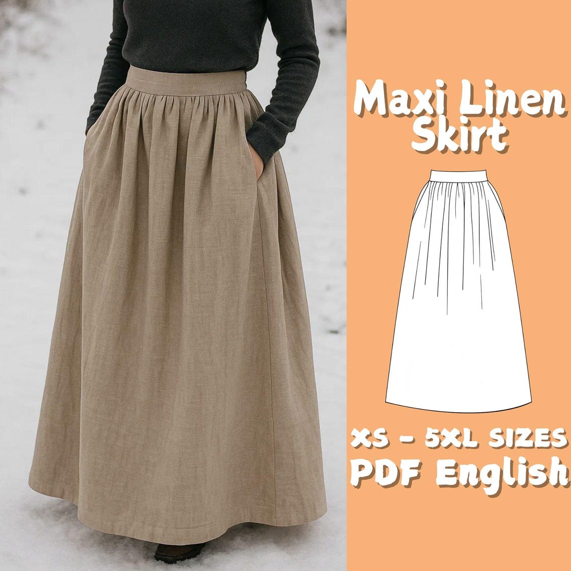 Maxi Skirt Sewing Pattern - Women Linen Gathered Skirt With Pockets ...