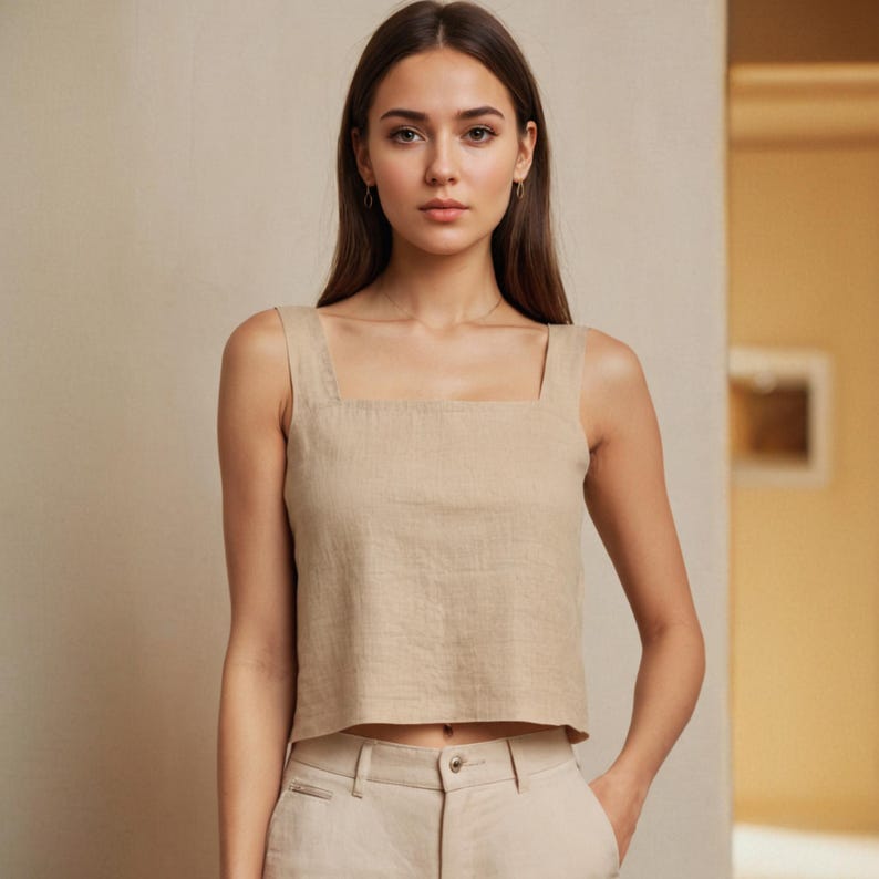 Square Neck Linen Top Sewing Pattern, Women Wide Straps Tank Top Sewing ...