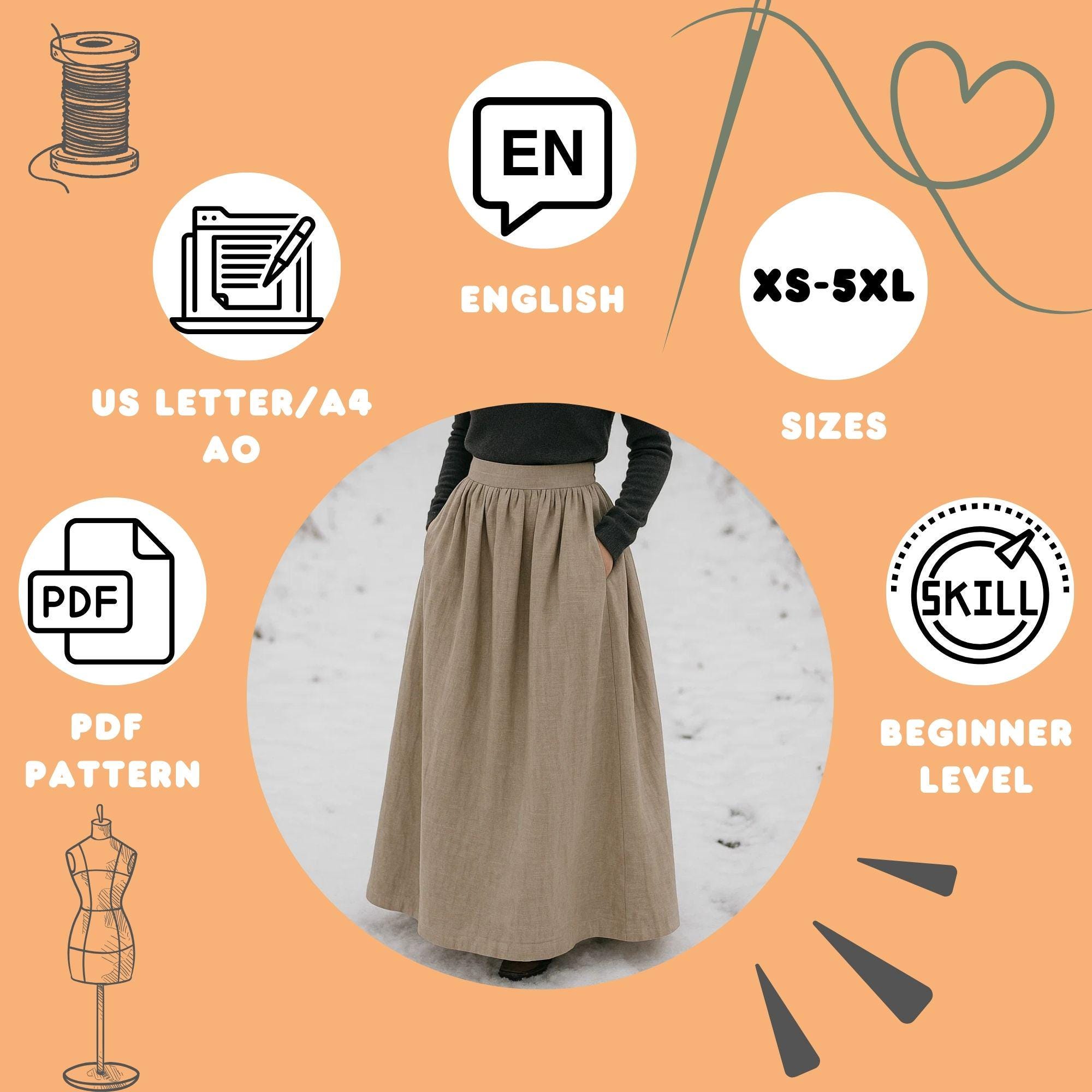 Maxi Skirt Sewing Pattern - Women Linen Gathered Skirt With Pockets ...
