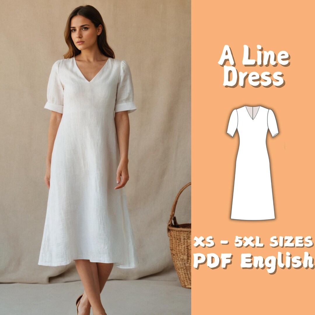 Women Linen A Line Dress Sewing Pattern | Loose V Neck Midi Dress PDF ...