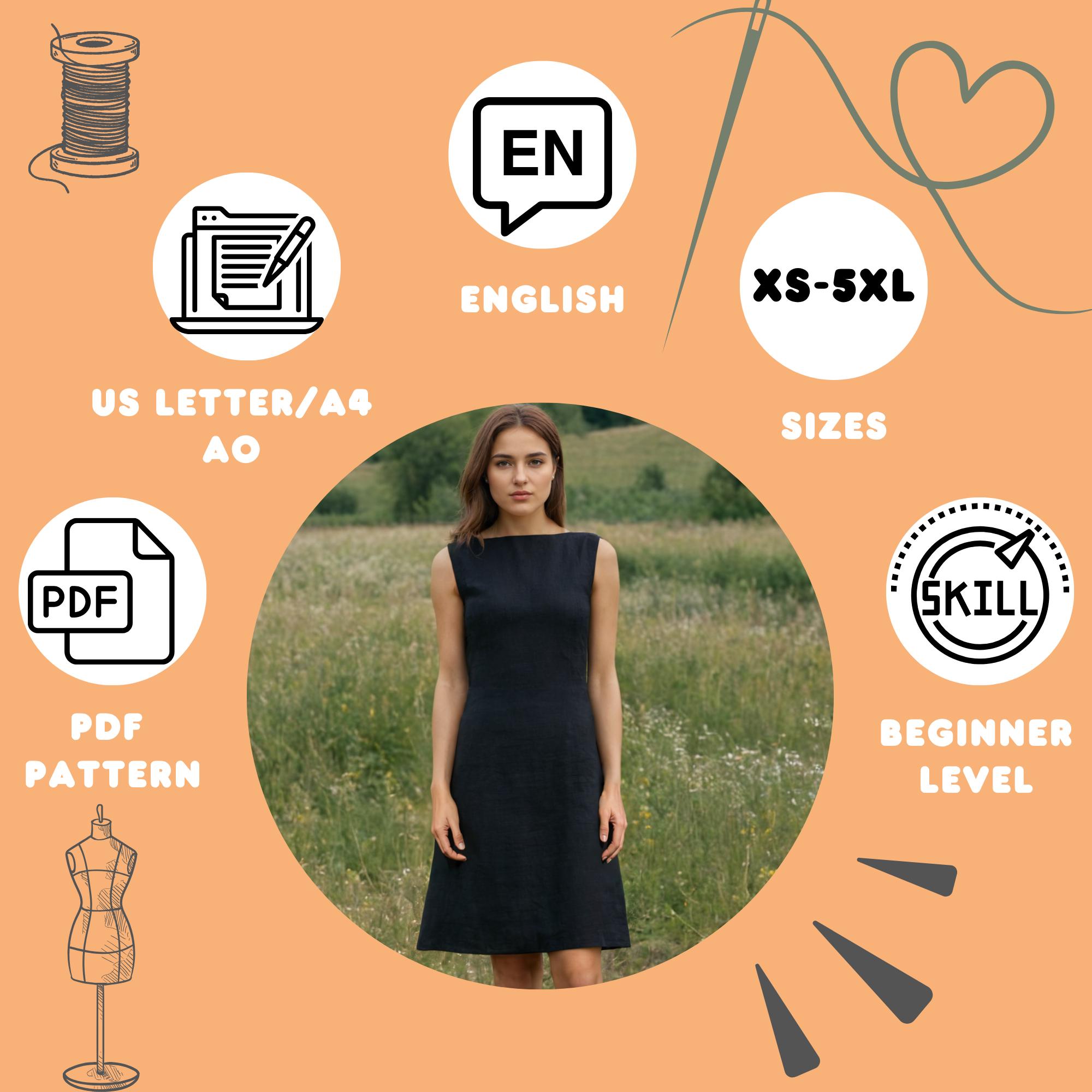 A-line Mini Dress Sewing Pattern: Boat Neck Sleeveless Design (PDF ...