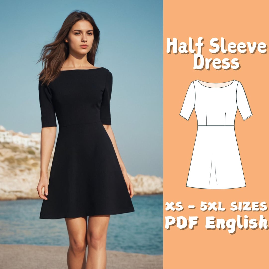 A-line Dress Sewing Pattern: Boat Neck, Half Sleeve (PDF Pattern XS-5XL ...