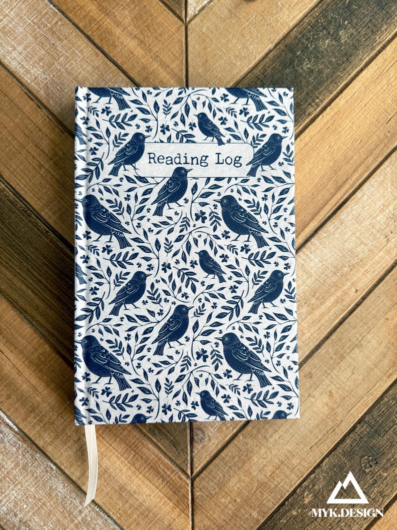 Hardcover Reading Log Notebook - Navy Birds Cover Design | 6” X 9 ...