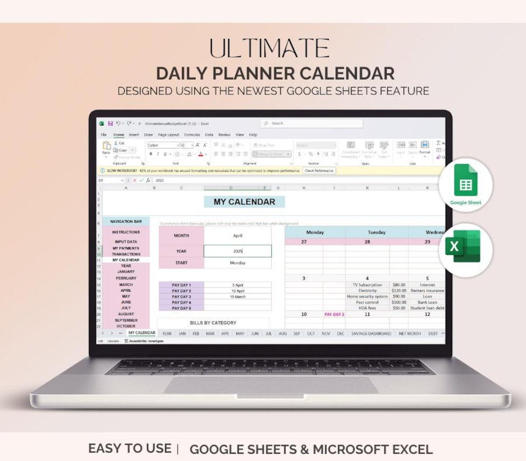 Excel Daily Planner Calendar Template – Customizable Spreadsheet for ...
