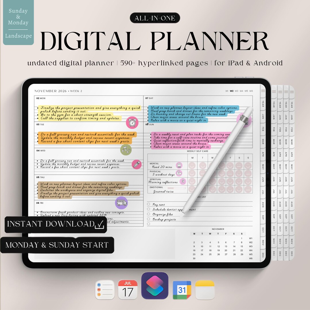 All in One Clickable Digital Planner, Hyperlinked Productivity Planner ...
