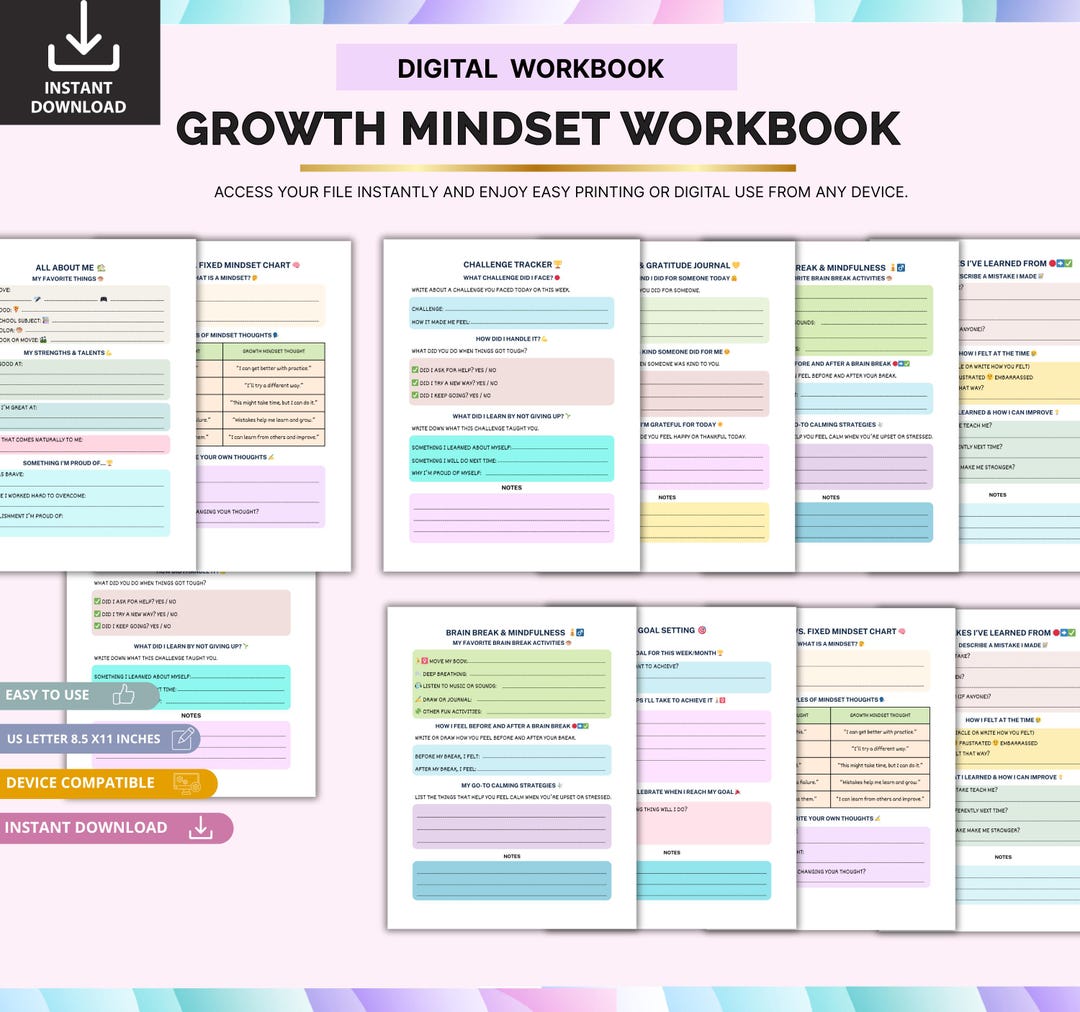 Growth Mindset Workbook Printable, Self Improvement and Personal ...