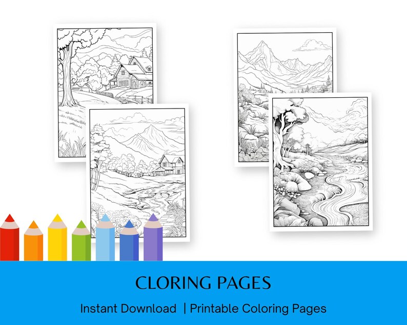 Nature Coloring Pages, Printable Landscape Art, Relaxing Outdoor Scenes ...