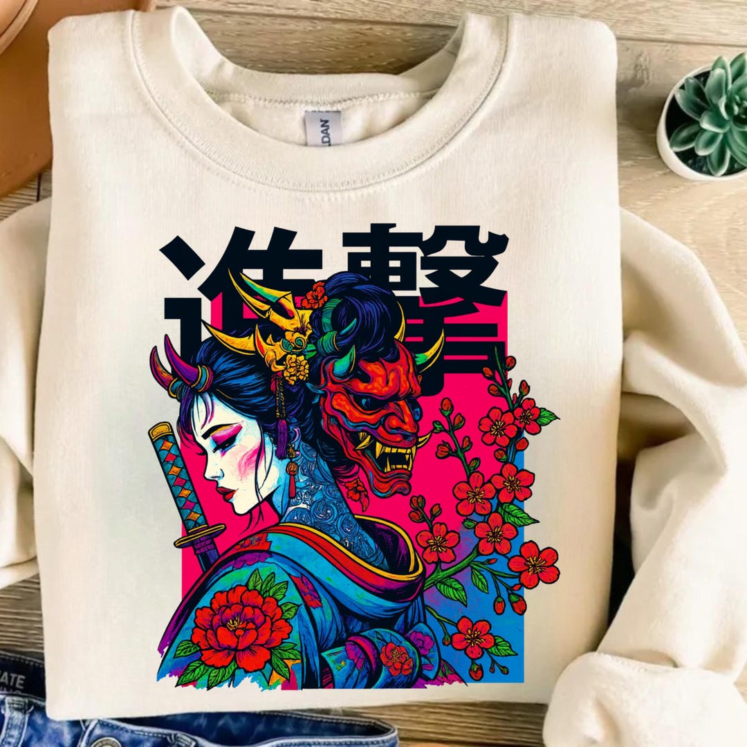 Neon Oni Geisha Art — Japanese Oni Mask Samurai Blossom Design for T ...