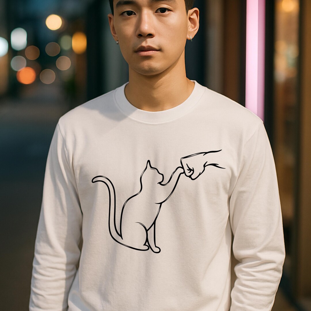 Cat Fist Bump Line Art PNG, Minimal Cat and Human Hand Outline Shirt ...