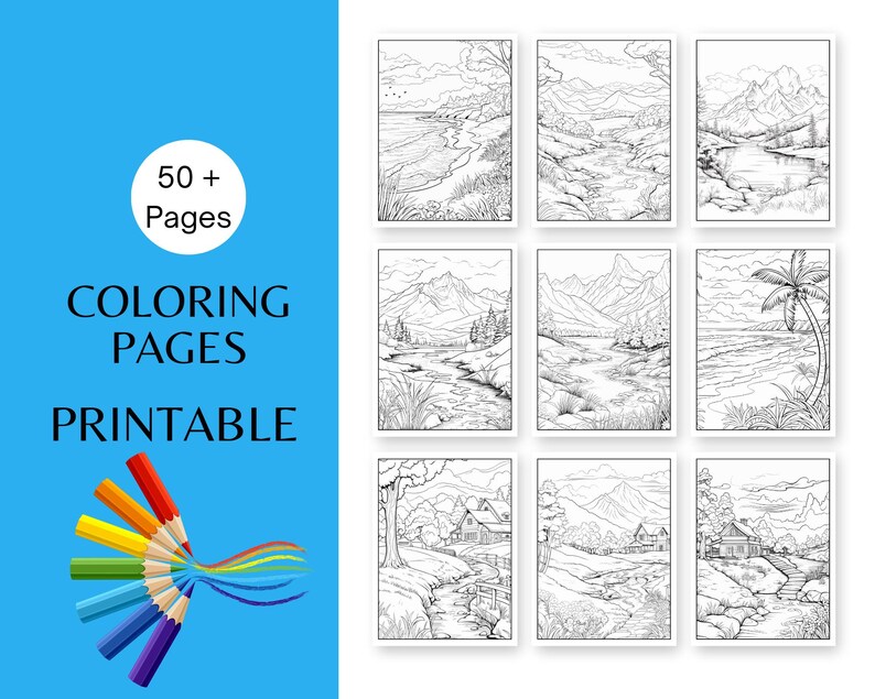 Nature Coloring Pages, Printable Landscape Art, Relaxing Outdoor Scenes ...