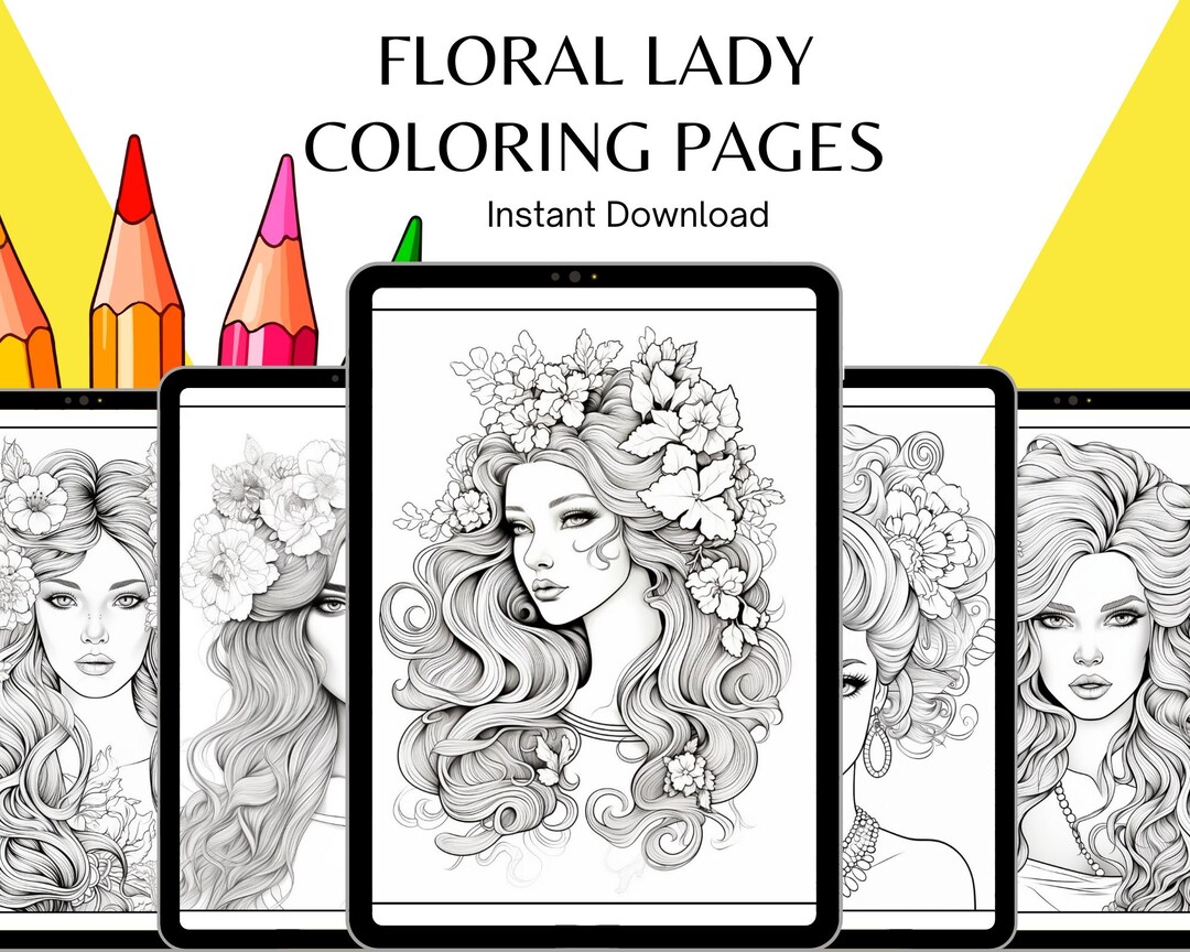 Floral Lady Coloring Pages, Printable Elegant Woman Art, Nature ...