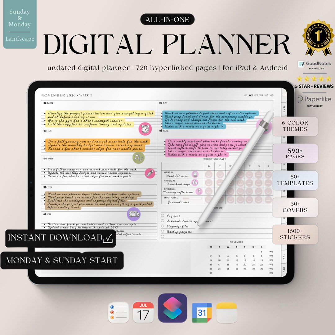 All in One Clickable Digital Planner, Hyperlinked Productivity Planner ...