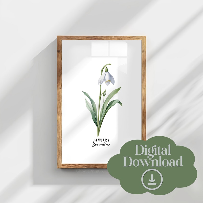 January Snowdrop Birth Flower Print, Botanical Watercolor Art (digital ...