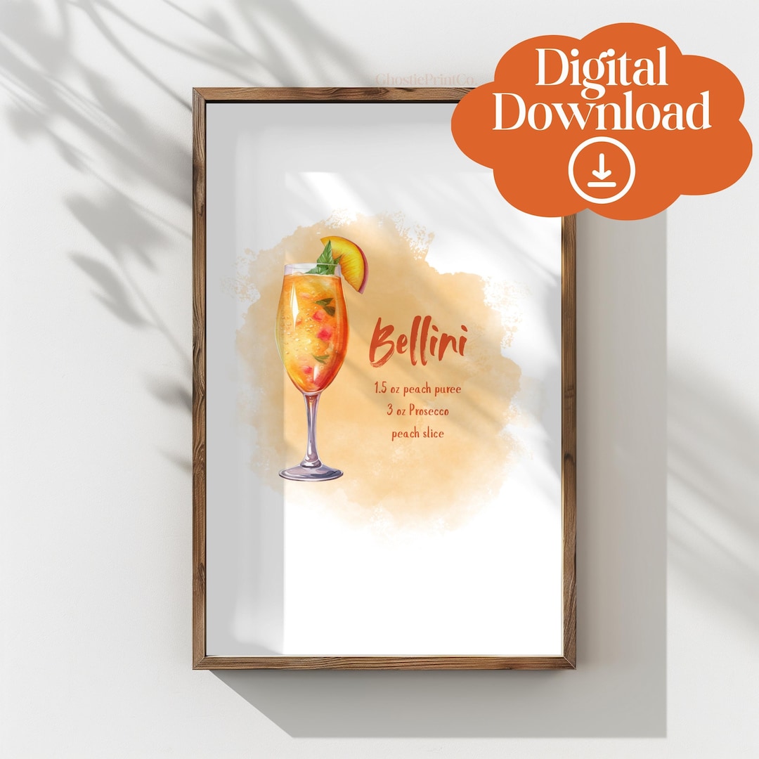 Bellini Cocktail Recipe Watercolor Printable Wall Art Print, Home Bar ...