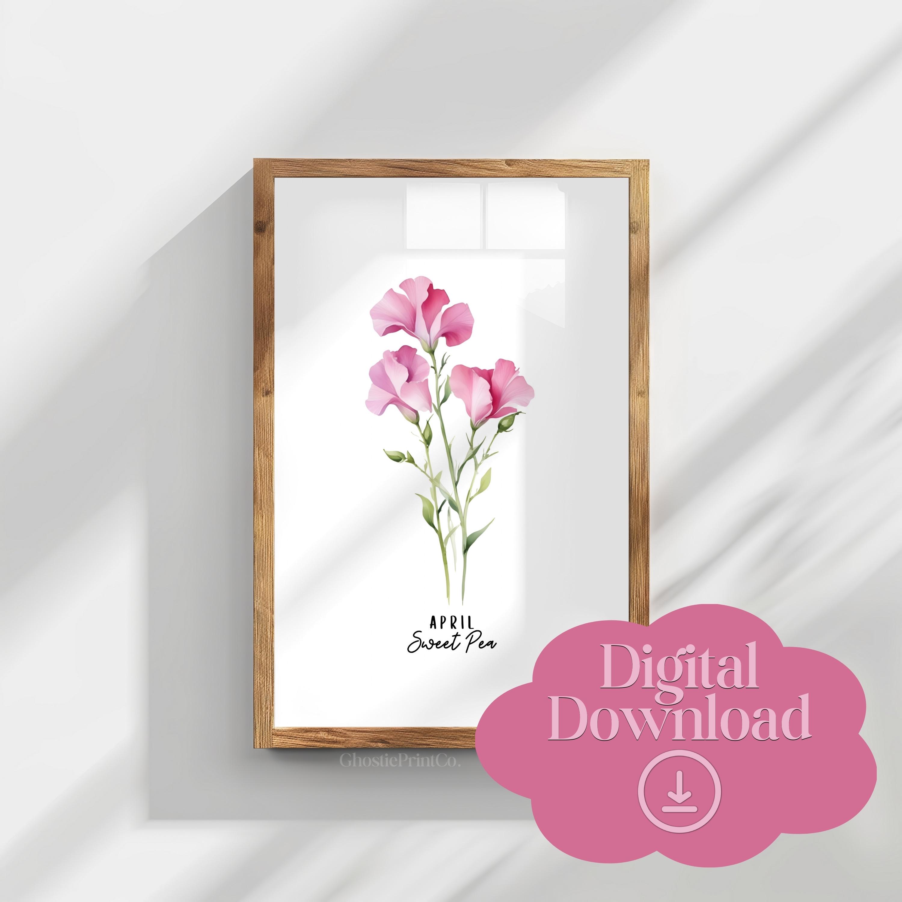 April Sweet Pea Watercolor Print, Botanical Wall Art (digital Download ...