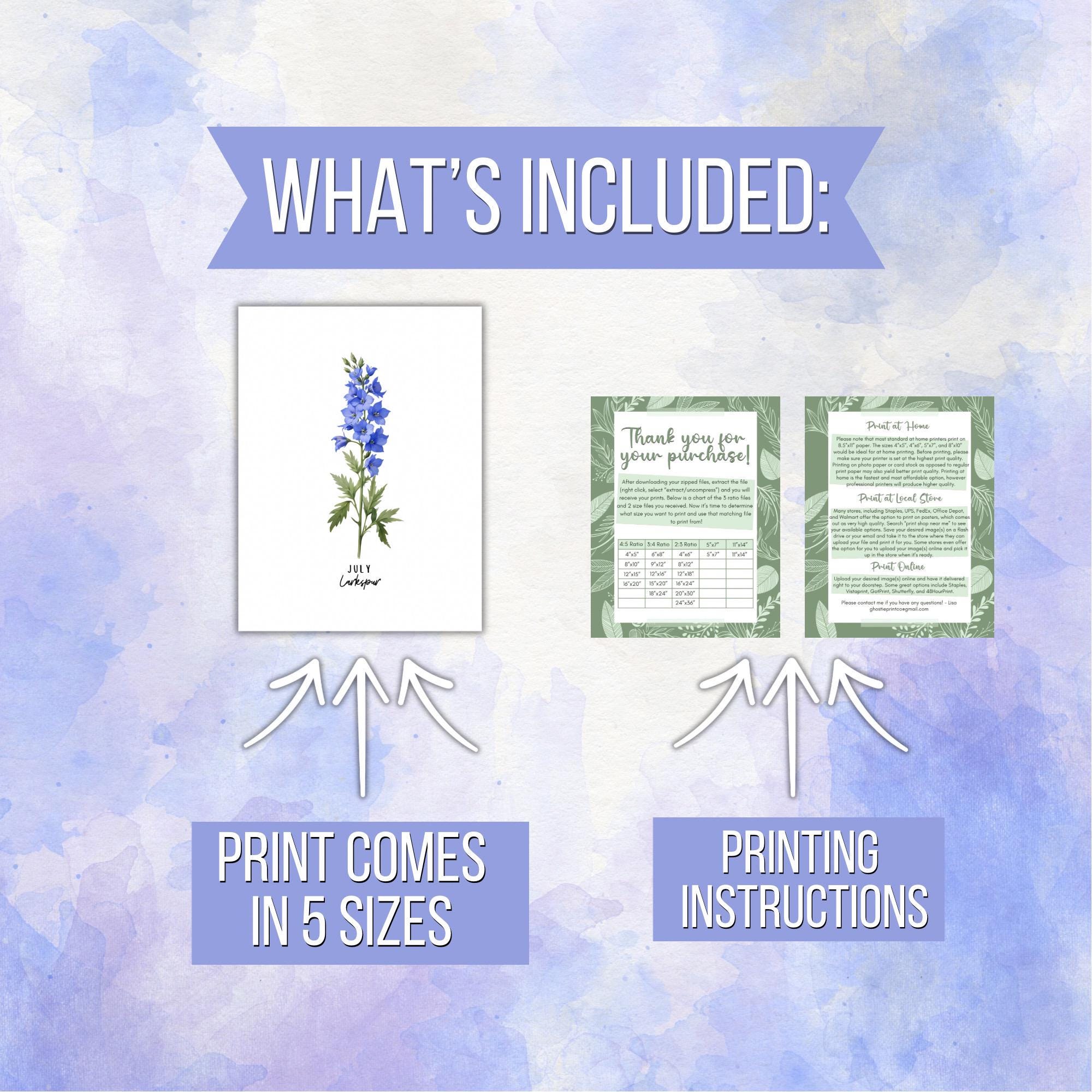 July Larkspur Birth Flower Printable, Botanical Wall Art, Watercolor ...