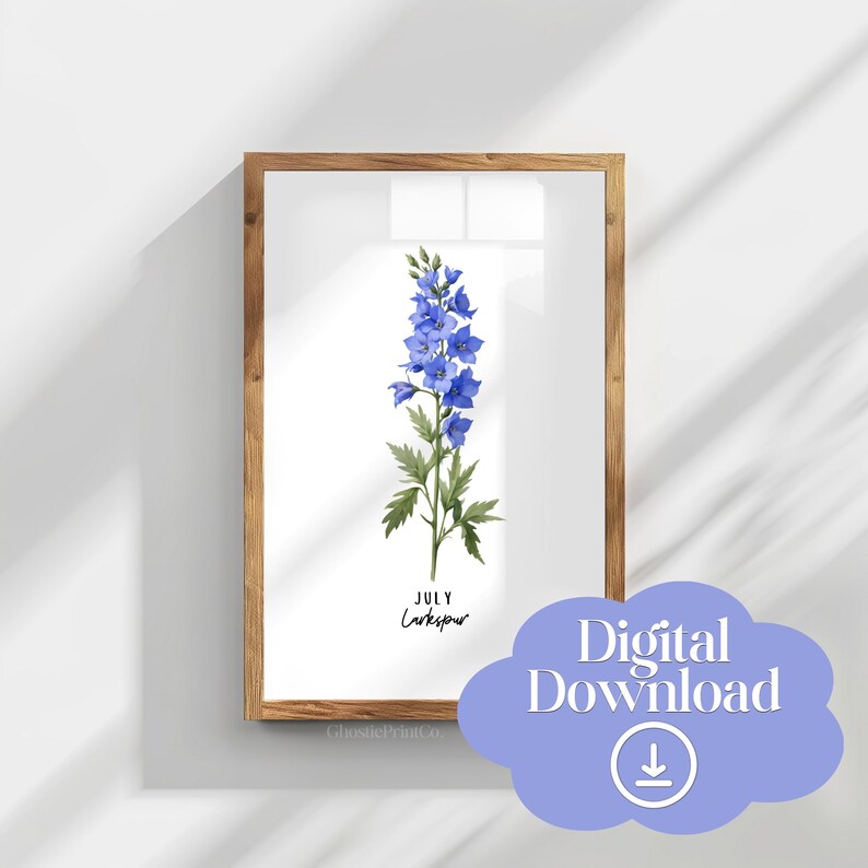 July Larkspur Birth Flower Printable, Botanical Wall Art, Watercolor ...