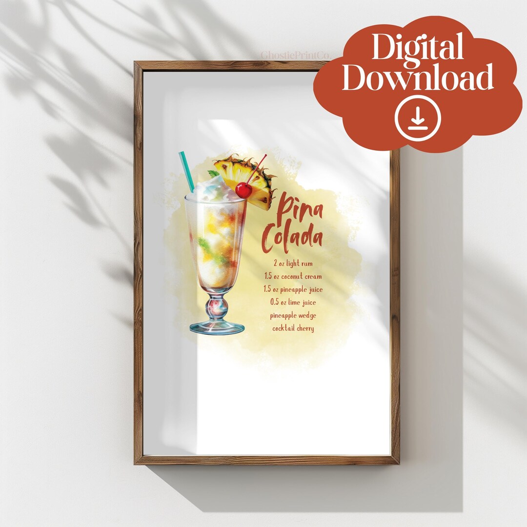 Piña Colada Cocktail Recipe Watercolor Printable Wall Art Print, Home ...
