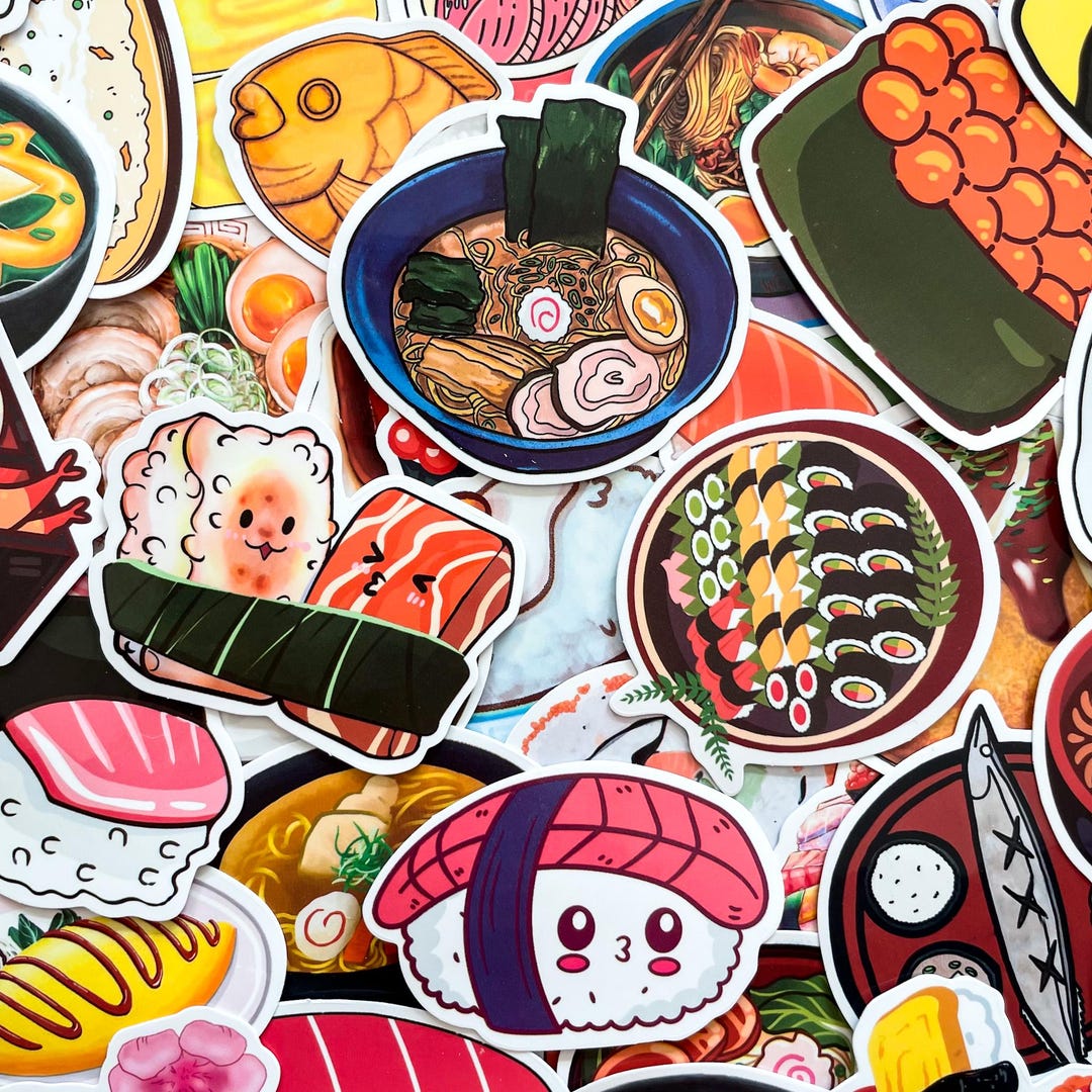 50 Random Japanese Food Stickers, Cute Cartoon Stickers for Kids, Ramen ...