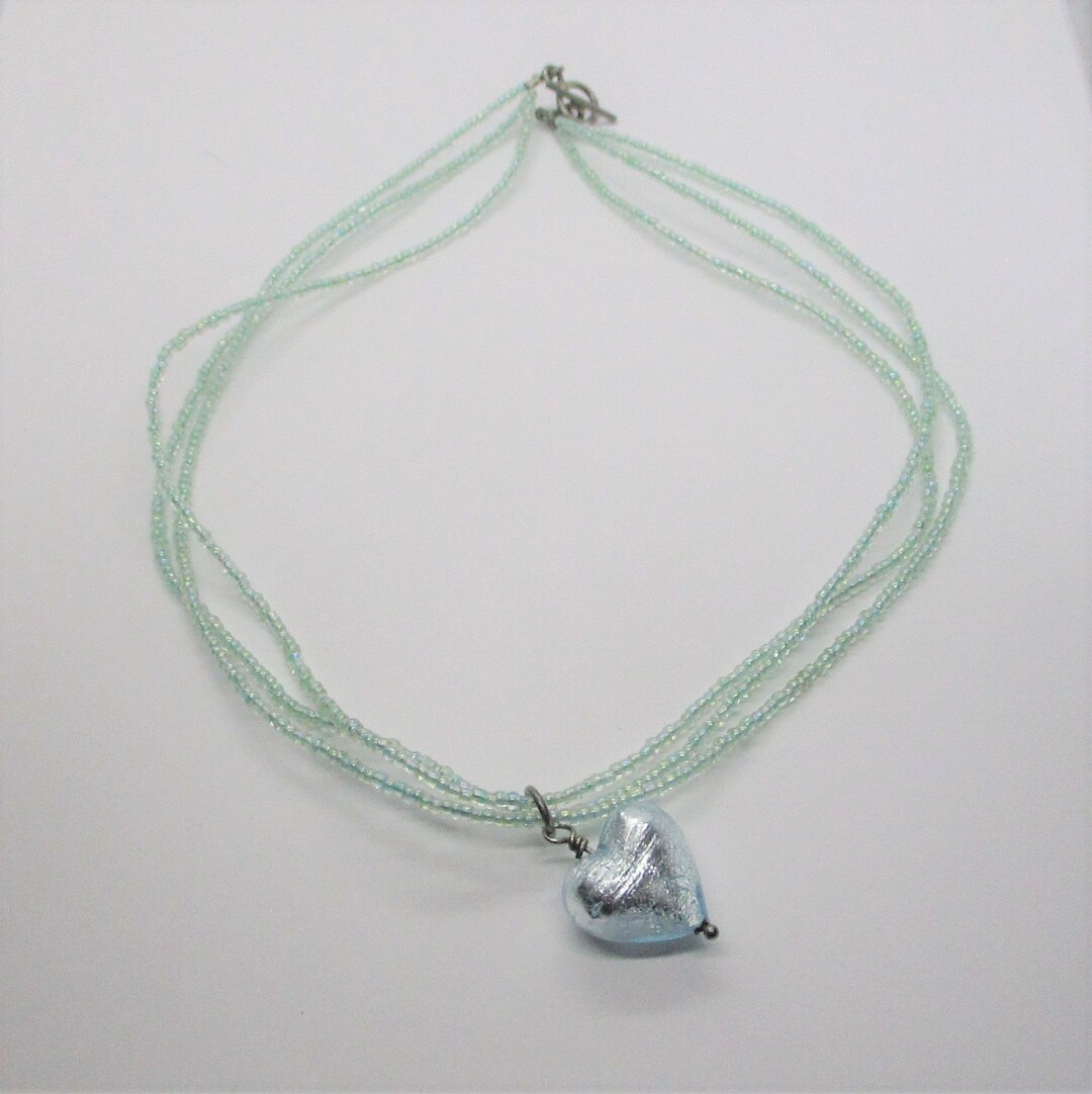 Blue Beaded Necklace: Powder Blue Glass, Sterling Silver Solid Heart ...