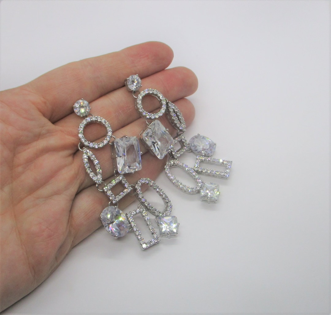 Huge Rhinestone Earrings: Lovely Super Sparkly 1990s Silver Tone ...