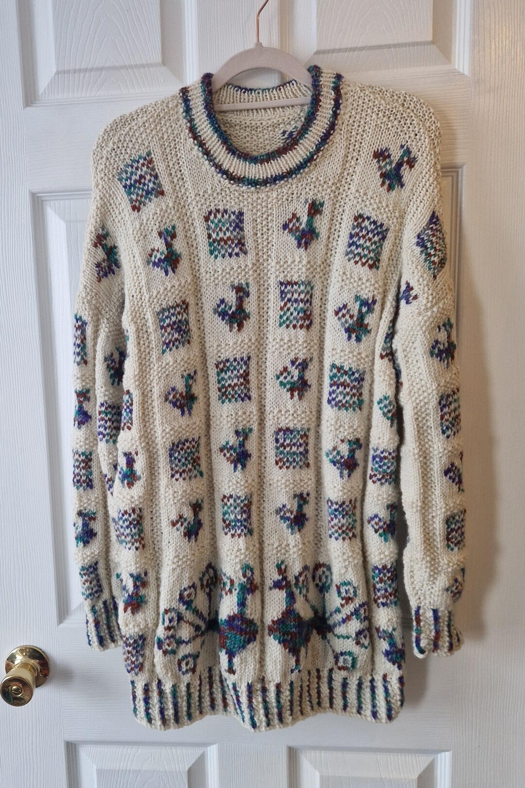 Home Knit Jumper: Incredible Cream, Dark Teal and Purple Patchwork Knit ...