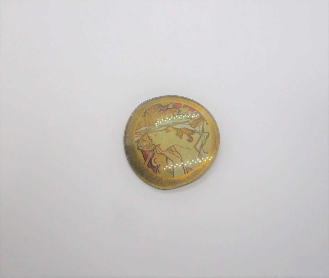 Alphonse Mucha Pin: Lovely Screen Printed Clear Glass & Gilt Czech ...