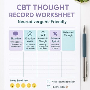 CBT Thought Record Worksheet (neurodivergent Friendly) | Printable PDF ...