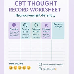 CBT Thought Record Worksheet (neurodivergent Friendly) | Printable PDF ...