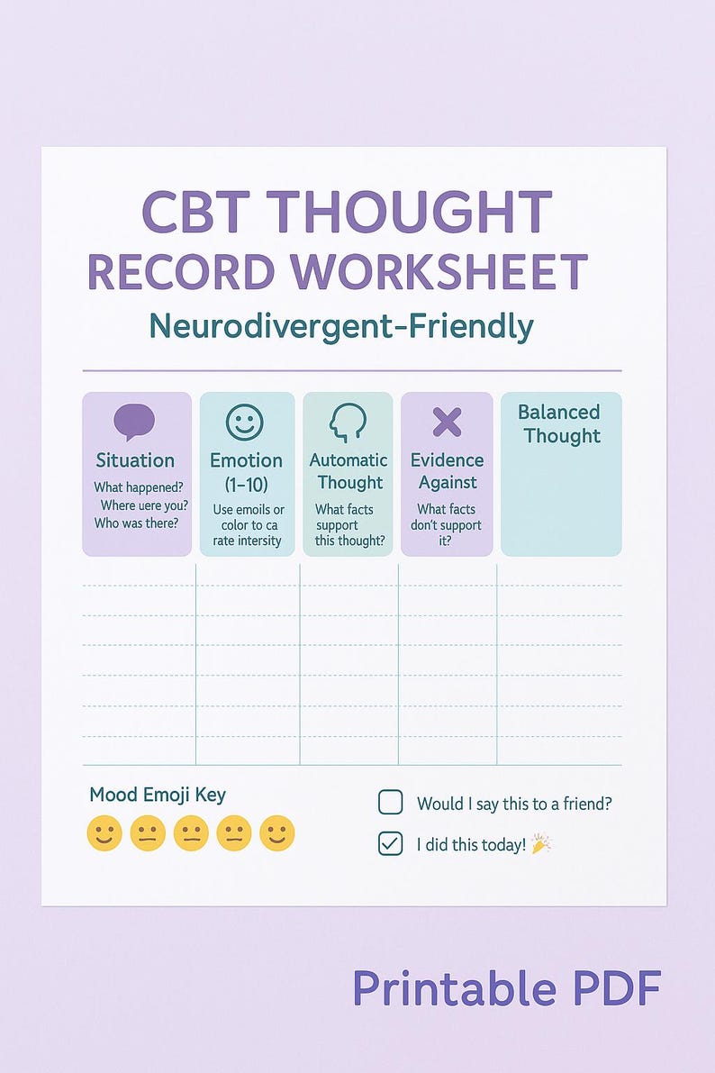 CBT Thought Record Worksheet (neurodivergent Friendly) | Printable PDF ...