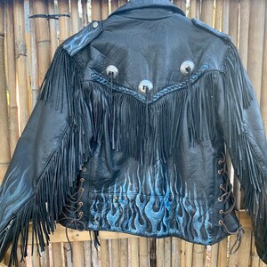 Blue Flame Fringe Vintage Biker Jacket Bomber Jacket Style Upcycled ...