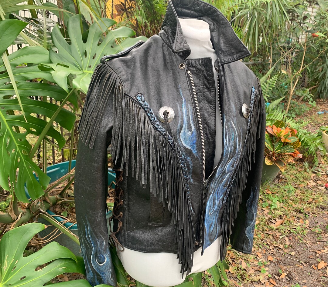 Blue Flame Fringe Vintage Biker Jacket Bomber Jacket Style Upcycled ...