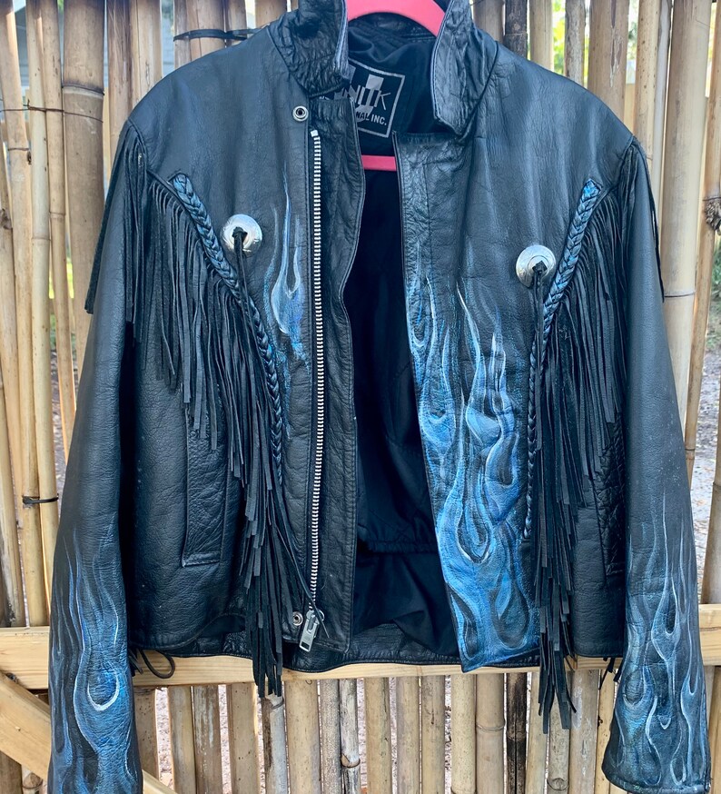 Blue Flame Fringe Vintage Biker Jacket Bomber Jacket Style Upcycled ...